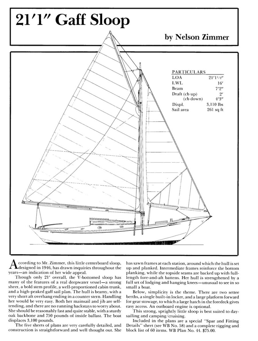 21'1" Zimmer Gaff Sloop Design | Small Boats